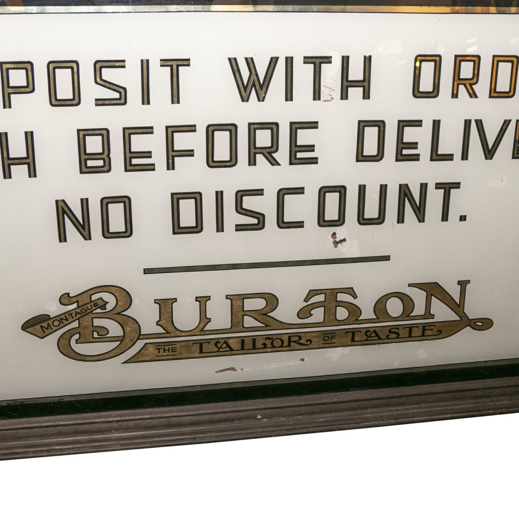 Vintage Gold Leaf on Glass Sign for MONTAGUE BURTON | Grandview Mercantile