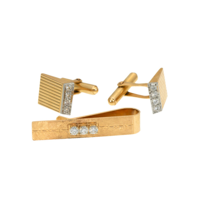 Vintage Men’s Diamond Tie Clip and Cuff Link Set in 14 Karat Gold ...